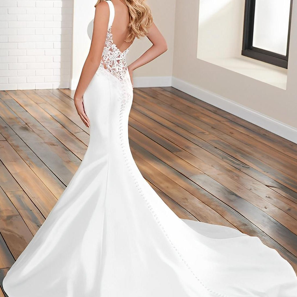 Dreamyannie Women Wedding Dress Elastic Satin Mermaid Bridal Dress With ...