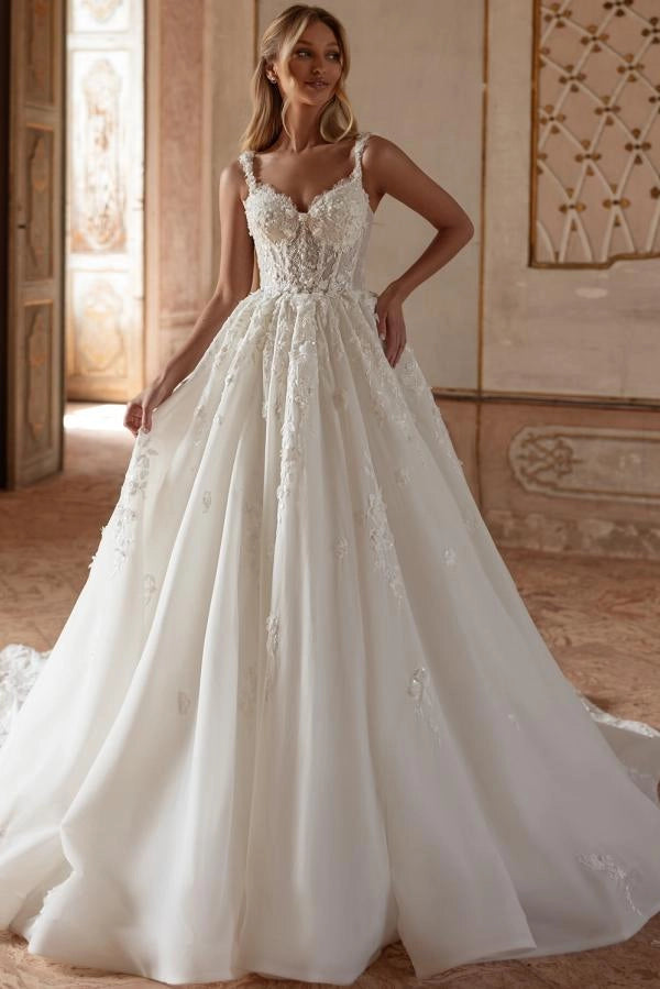 Dreamyannie Women Ivory A Line Wedding Dress Princess Spaghetti Straps ...