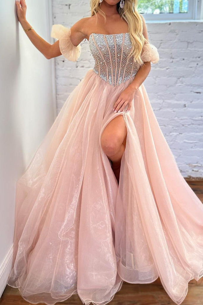 Dreamyannie Women Pink A-Line Strapless Corset Beaded Prom Dress