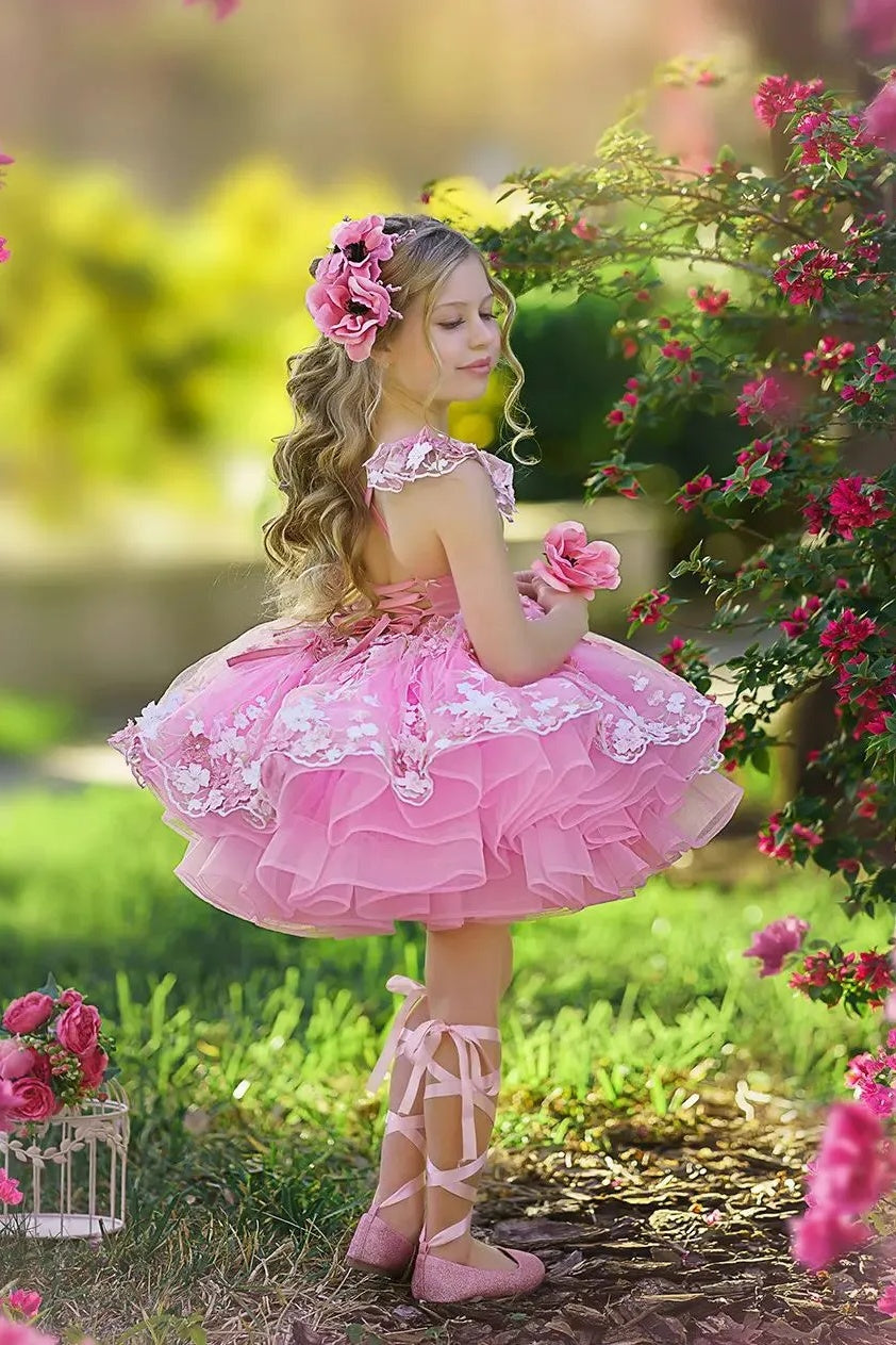 Dreamyannie Pink Ball Gown Tulle Princess Flower Girl Dress with 3D Flowers