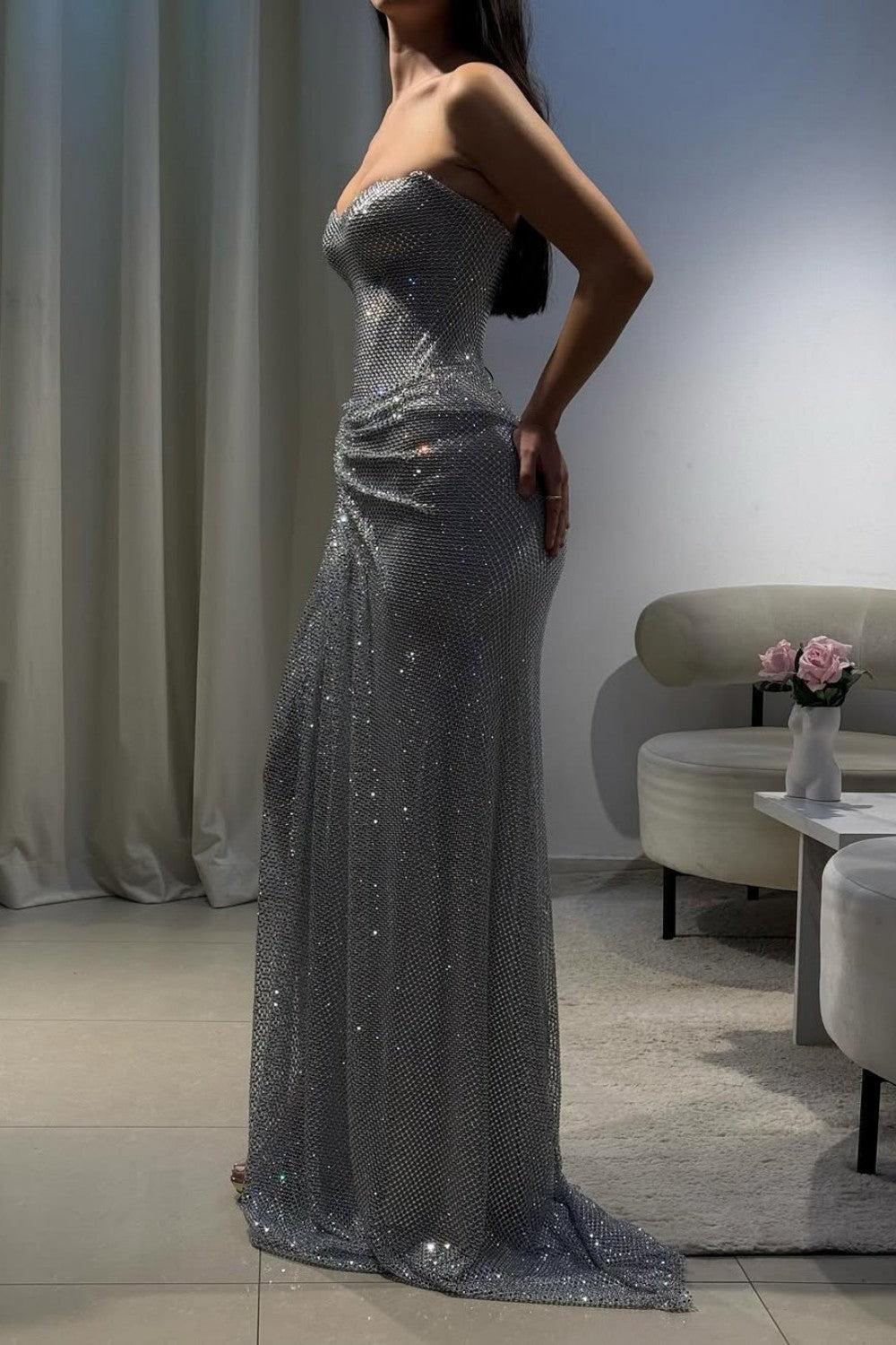 Dreamyannie Silver Strapless Sequin Mermaid Prom Dress With High Slit ...